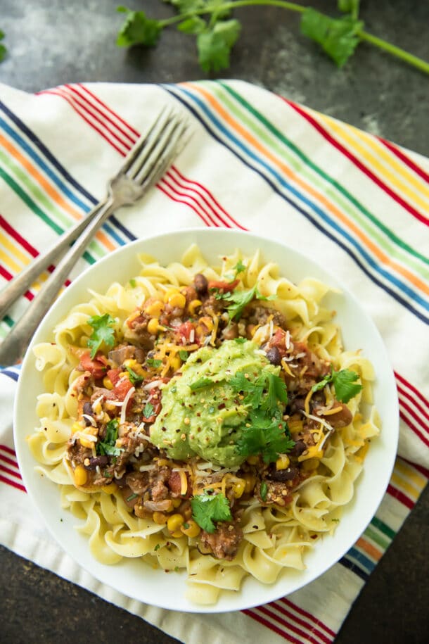 Bison Taco Chili Over Noodles - Kim's Cravings