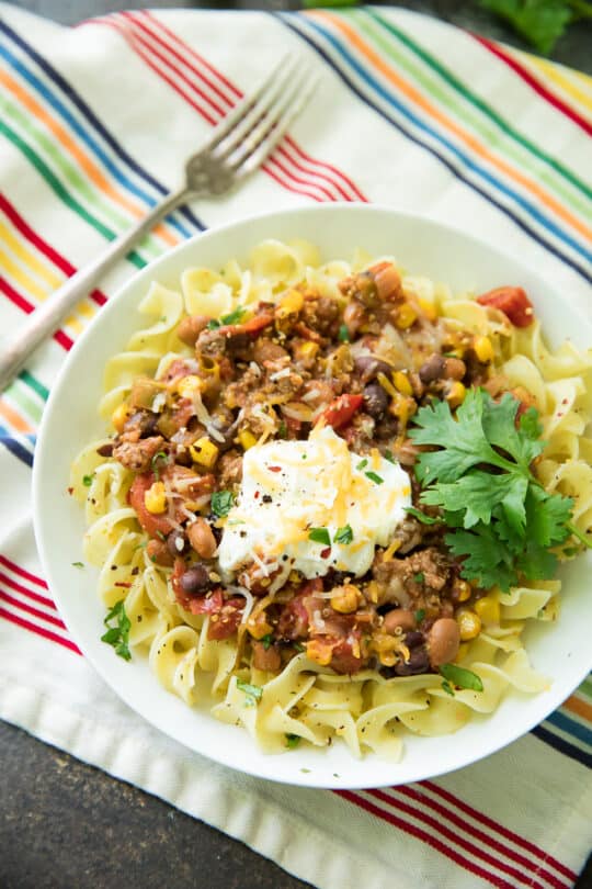 Bison Taco Chili Over Noodles - Kim's Cravings