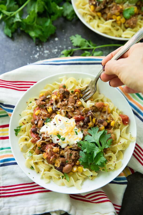 Bison Taco Chili Over Noodles - Kim's Cravings